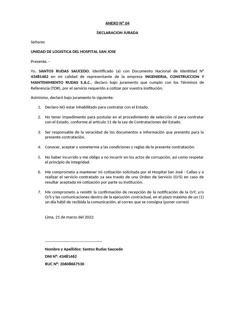 ANEXO N 04 - FORMATO DECLARACION JURADA - SERVICIO | PDF