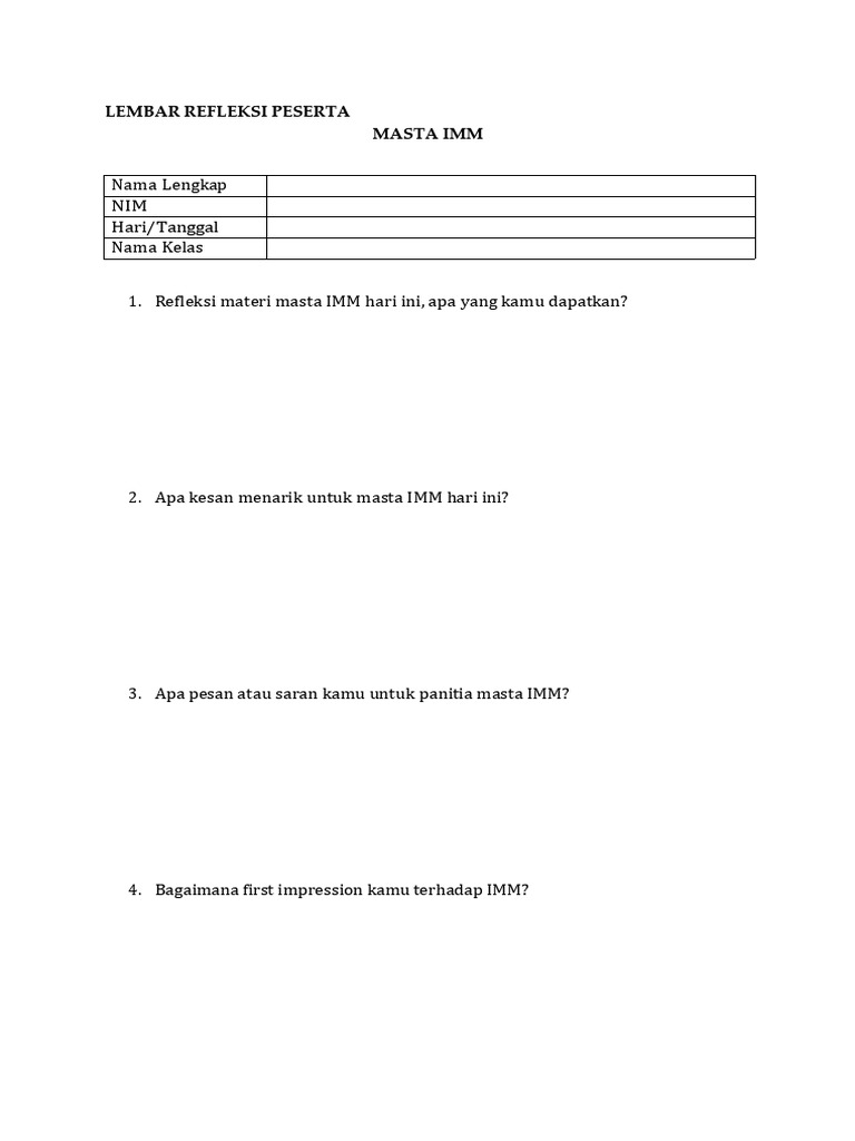 Lembar Refleksi Peserta Masta Imm 2024 | PDF