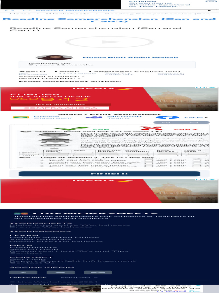 Reading Comprehension (Can and Can't) Online Exer 2 | PDF