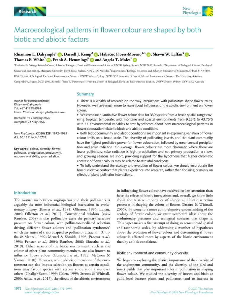 Macroecological Patterns in Flower Colour Are Shap | PDF