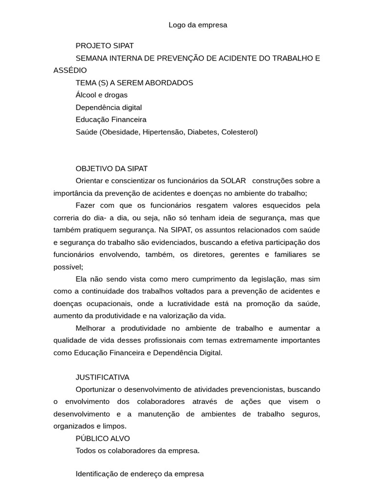 Modelo - Projeto de Sipat | PDF