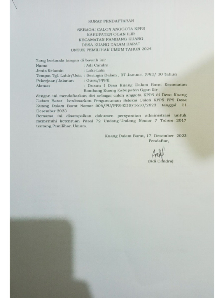 Surat Pendaftaran Adi Candra Kpps | PDF