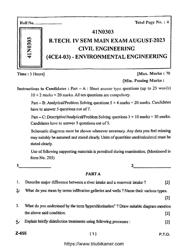 Btech Ce 4 Sem Environmental Engineering 41n0303 Aug 2023 | PDF