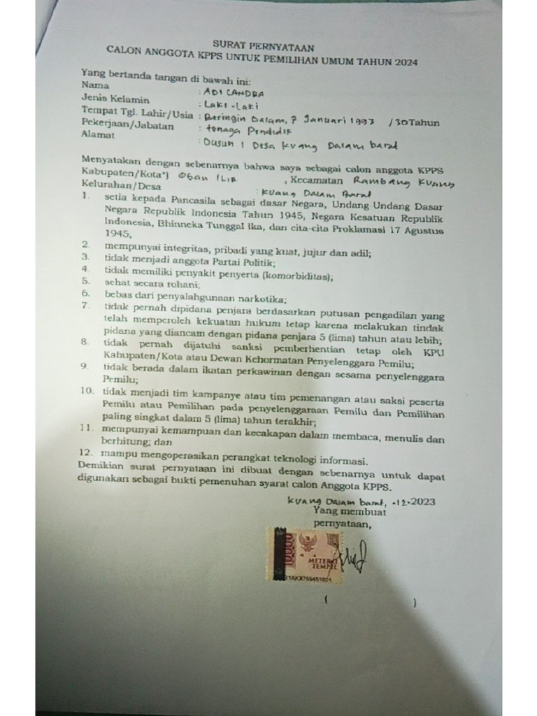 Surat Pernyataan Kpps Adi Candra | PDF