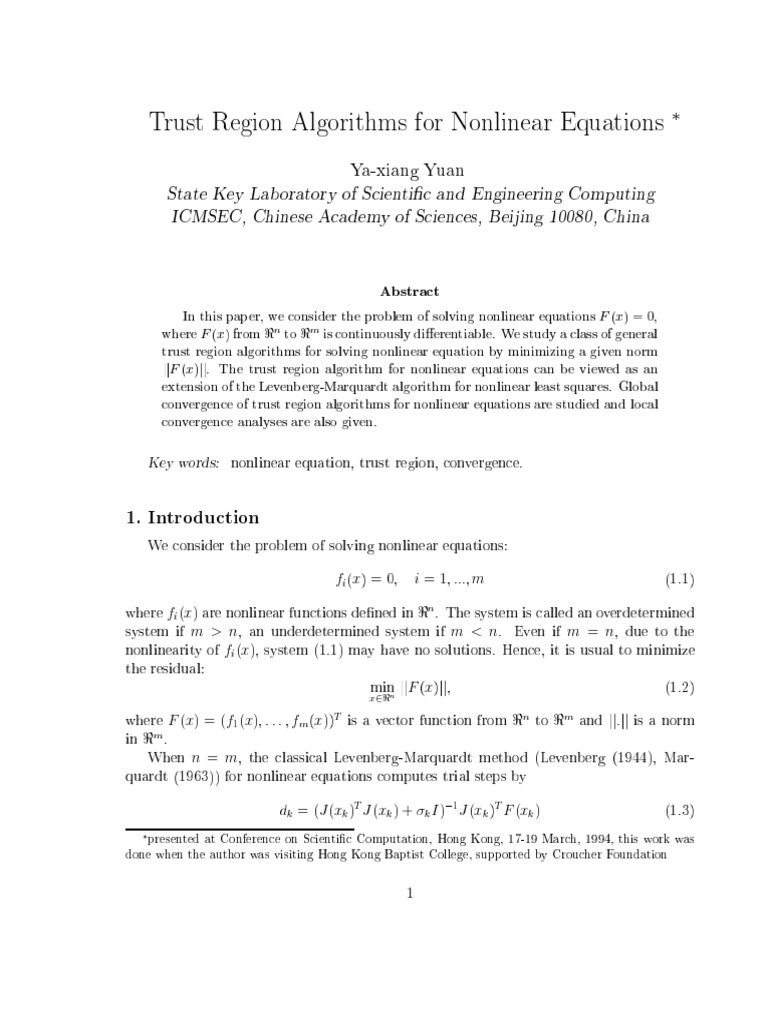 Trust Region Algorithms For Nonlinear Equations | PDF
