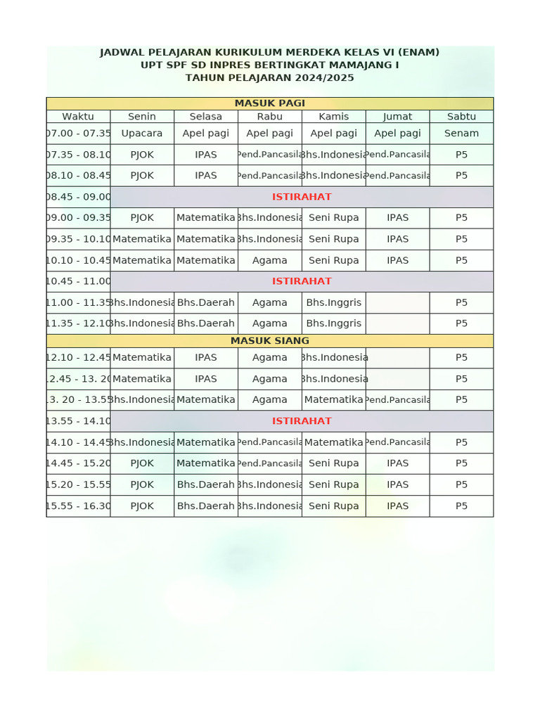 Jadwal Pelajaran Kelas 6 - 2024-2025 | PDF