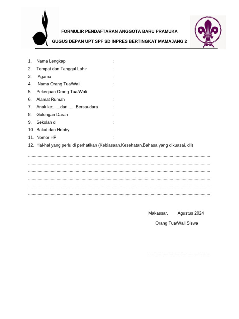 Formulir Pendaftaran Anggota Baru Pramuka | PDF