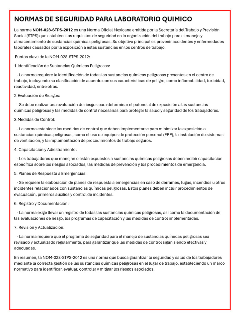 Normas de Seguridad para Laboratorio Quimico | PDF