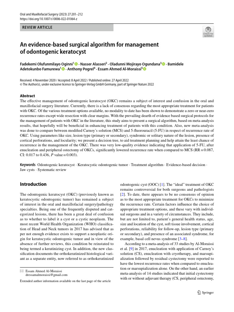 An Evidence Based Surgical Algorithm For Management Of Odontogenic
