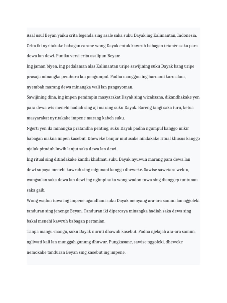 Asal Usul Beyan Yaiku Crita Legenda Sing Asale Saka Suku Dayak Ing Kalimantan | PDF