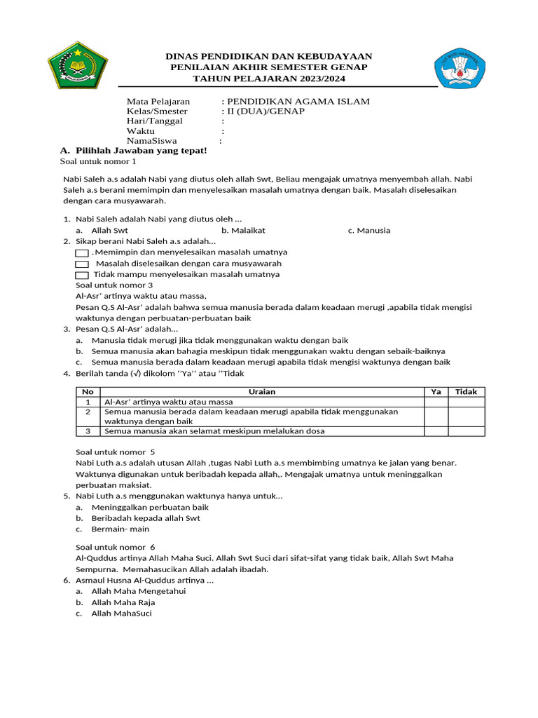 SOAL PAS Kls 2 Sem.2 2024 | PDF