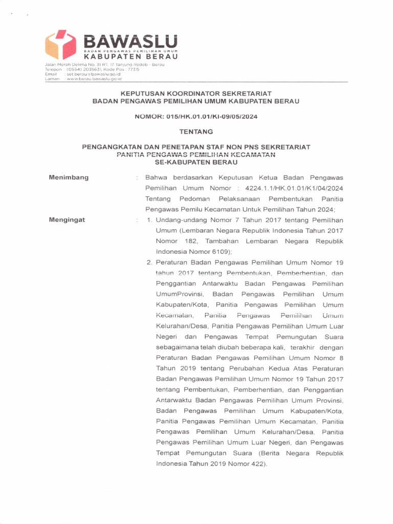 Contoh SK PENGANGKATAN STAF PANWAS KECAMATAN SE-KABUPATEN BERAU | PDF