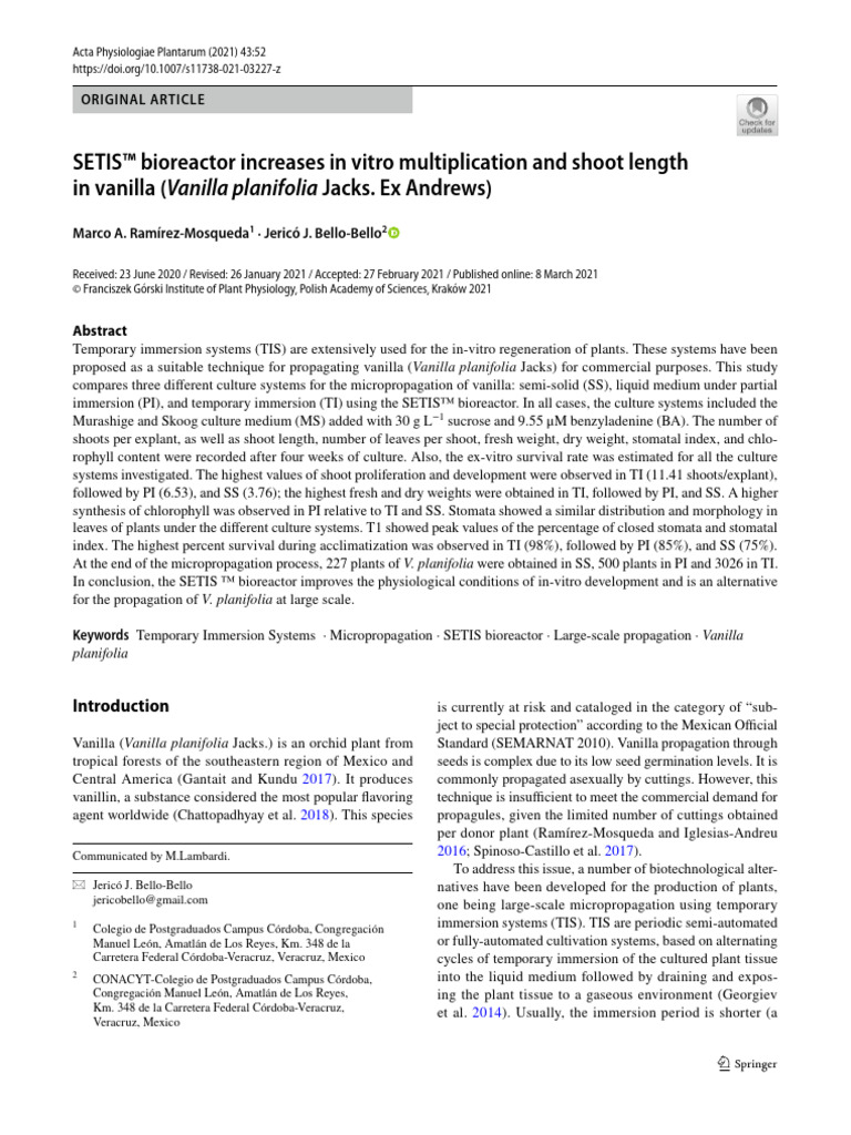 SETIS Bioreactor Increases in Vitro Multiplication | PDF