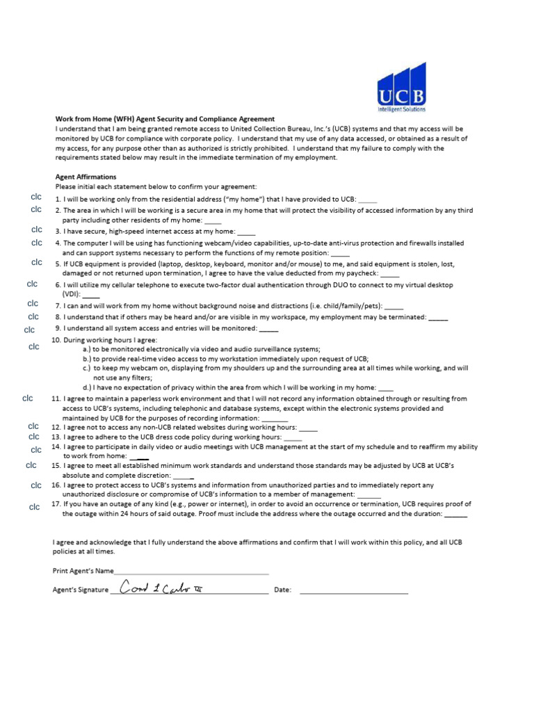 WFH Agent Security Agreement | PDF | Desktop Virtualization | Information Technology