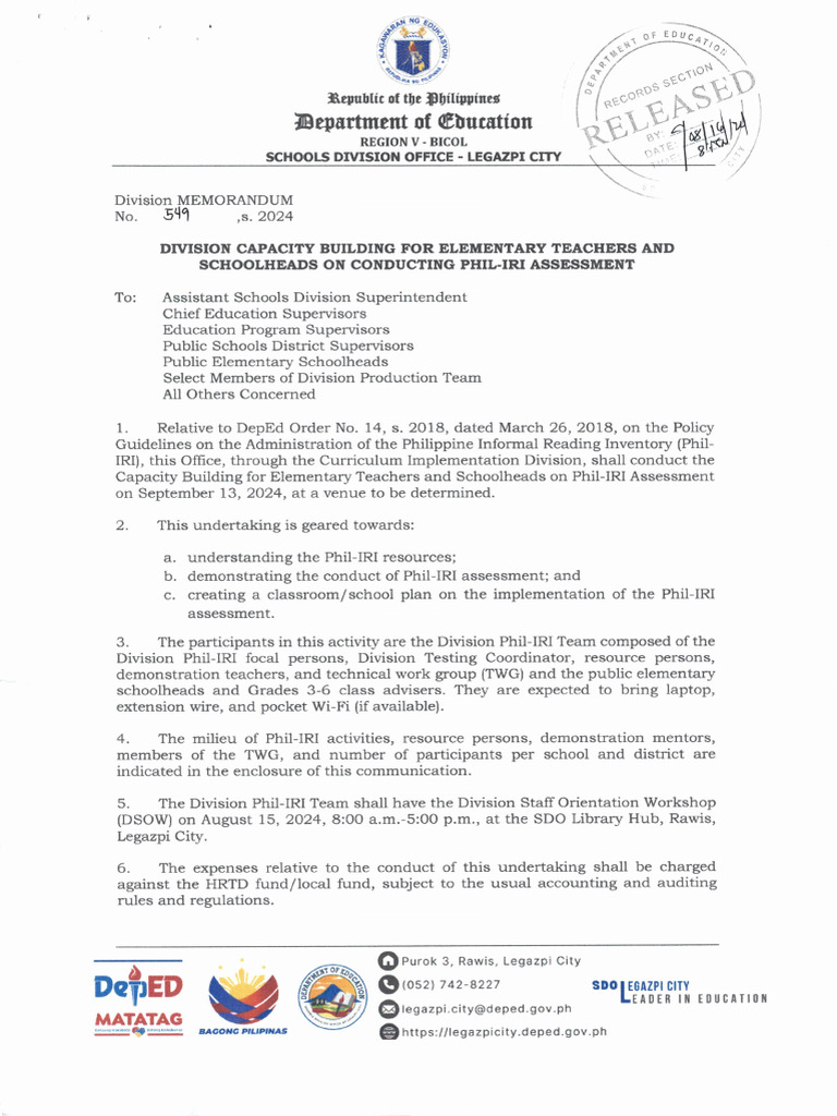 DM No. 549, S. 2024 Division Capacity Building For Elementary Teachers ...