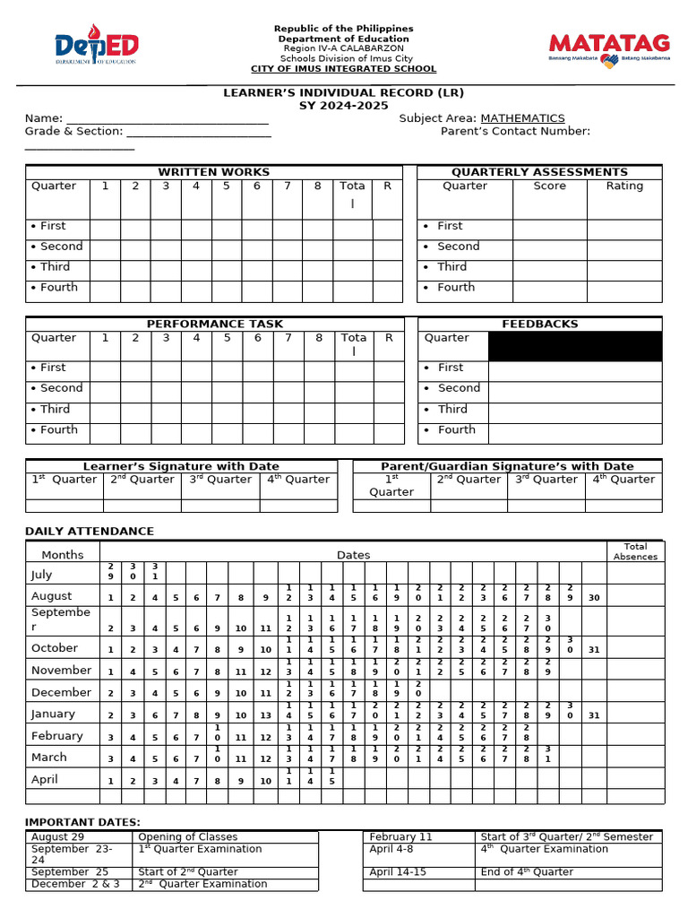 Imus City School Learner Record 2024-2025 | PDF