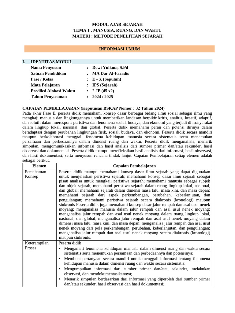 Modul Ajar Sejarah Kelas 10 6 - Metode Penelitian Sejarah | PDF
