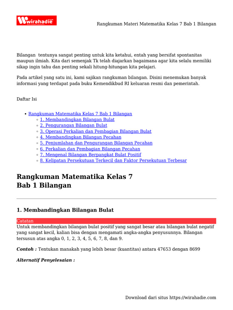 Rangkuman Materi Matematika Kelas 7 Bab 1 Bilangan | PDF