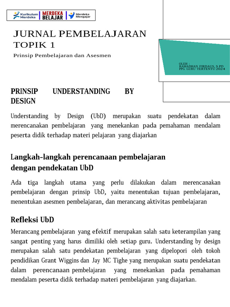 JURNAL PEMBELA - MERANCANG KEGIATAN PEMBELAJARAN DENGAN PRINSIP UbD | PDF
