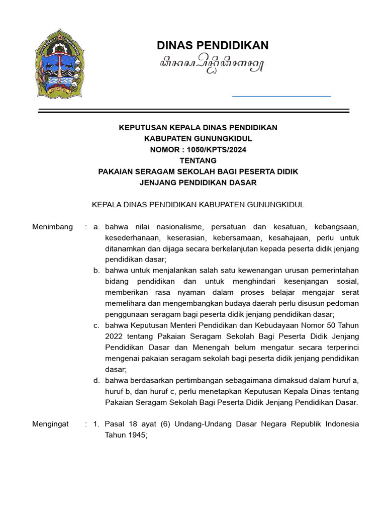 FINAL-SK Kadis-Seragam Sekolah 2024 (Rev-060724) - imedit23.30WIB | PDF