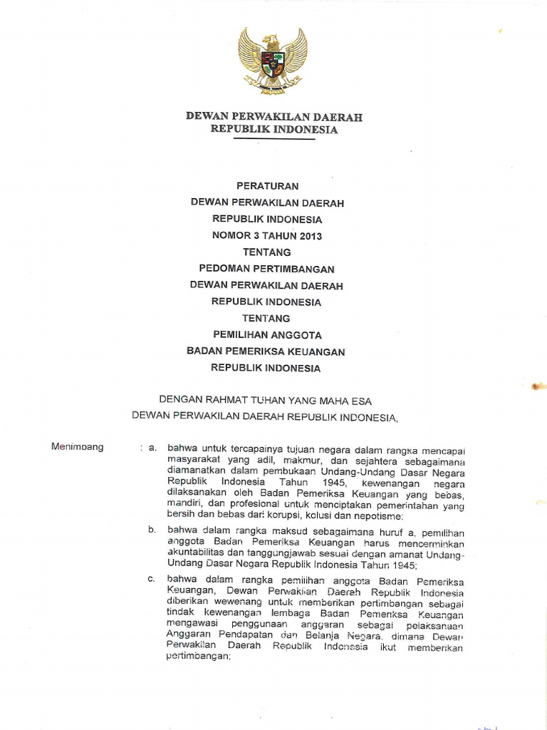 Peraturan DPD RI Nomor 3 Tahun 2013 Tentang Pedoman Pertimbangan DPD RI Tentang Pemilihan ...