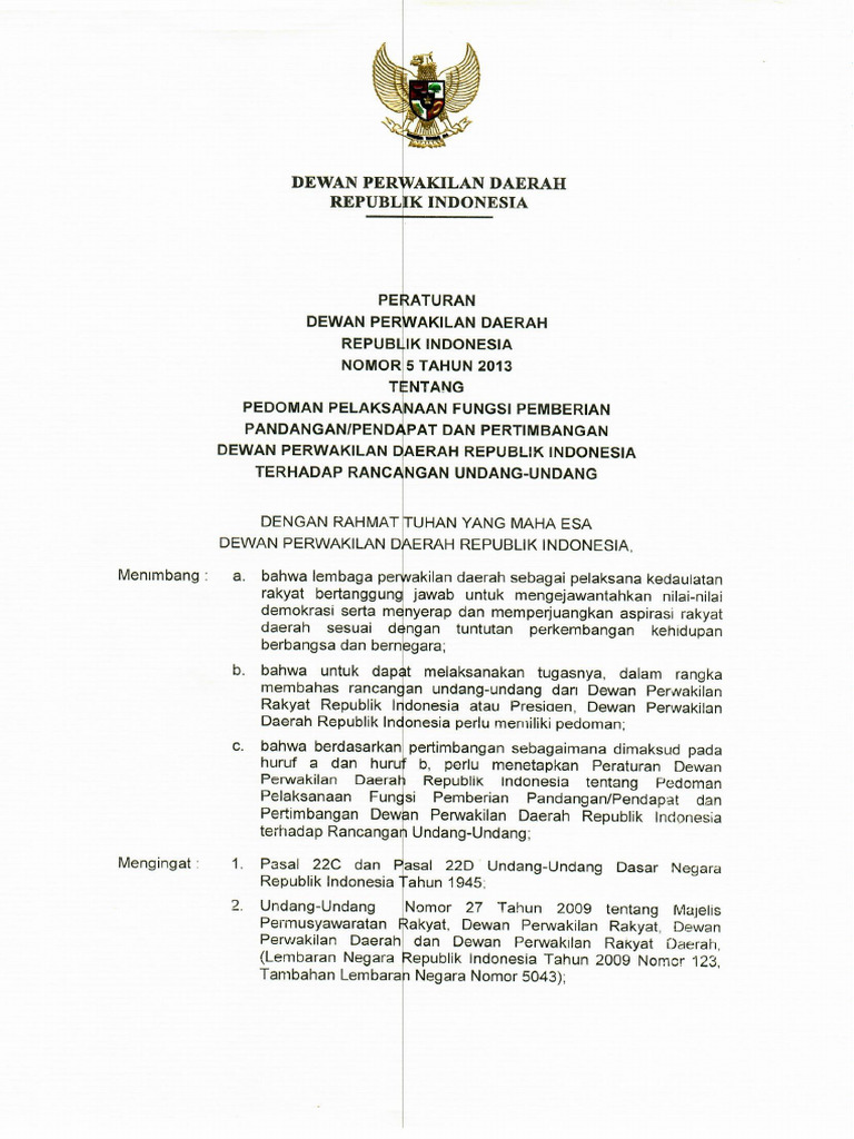 Peraturan DPD RI Nomor 5 Tahun 2013 Tentang Pedoman Pelaksanaan Fungsi Pemberian ...