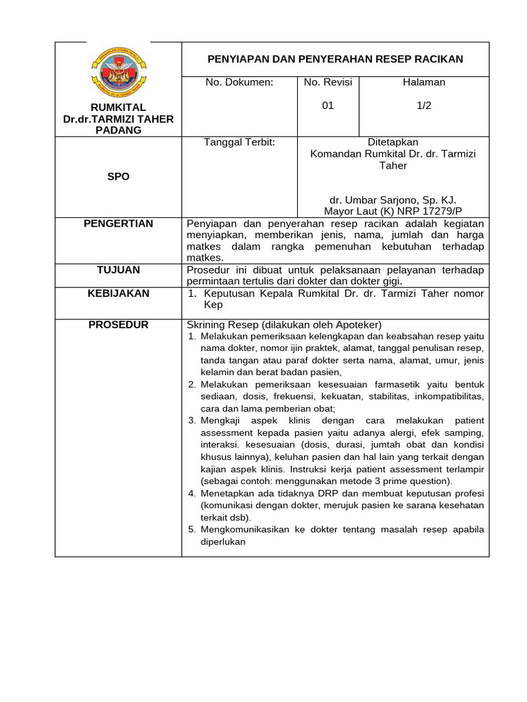 Spo Penyiapan Dan Penyerahan Resep Racikan 2024 Rs Taher | PDF