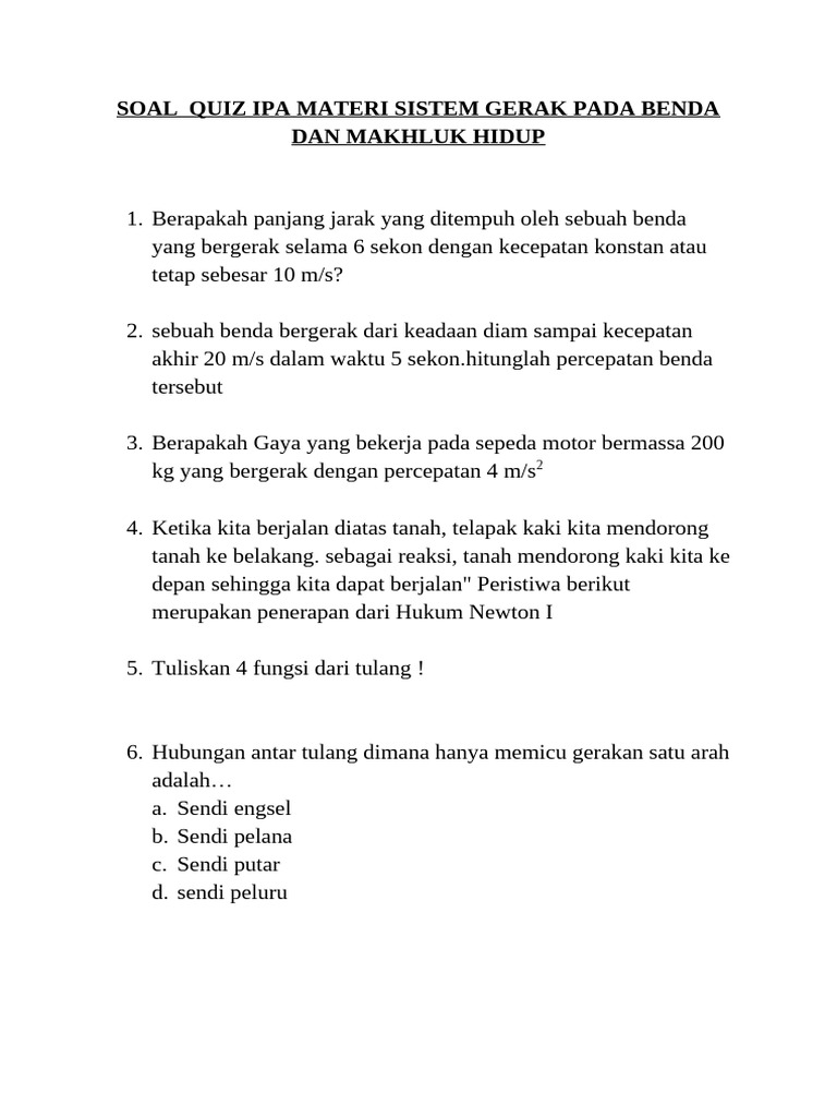 Soal Quiz Ipa Materi Sistem Gerak Pada Benda Dan Makhluk Hidup | PDF