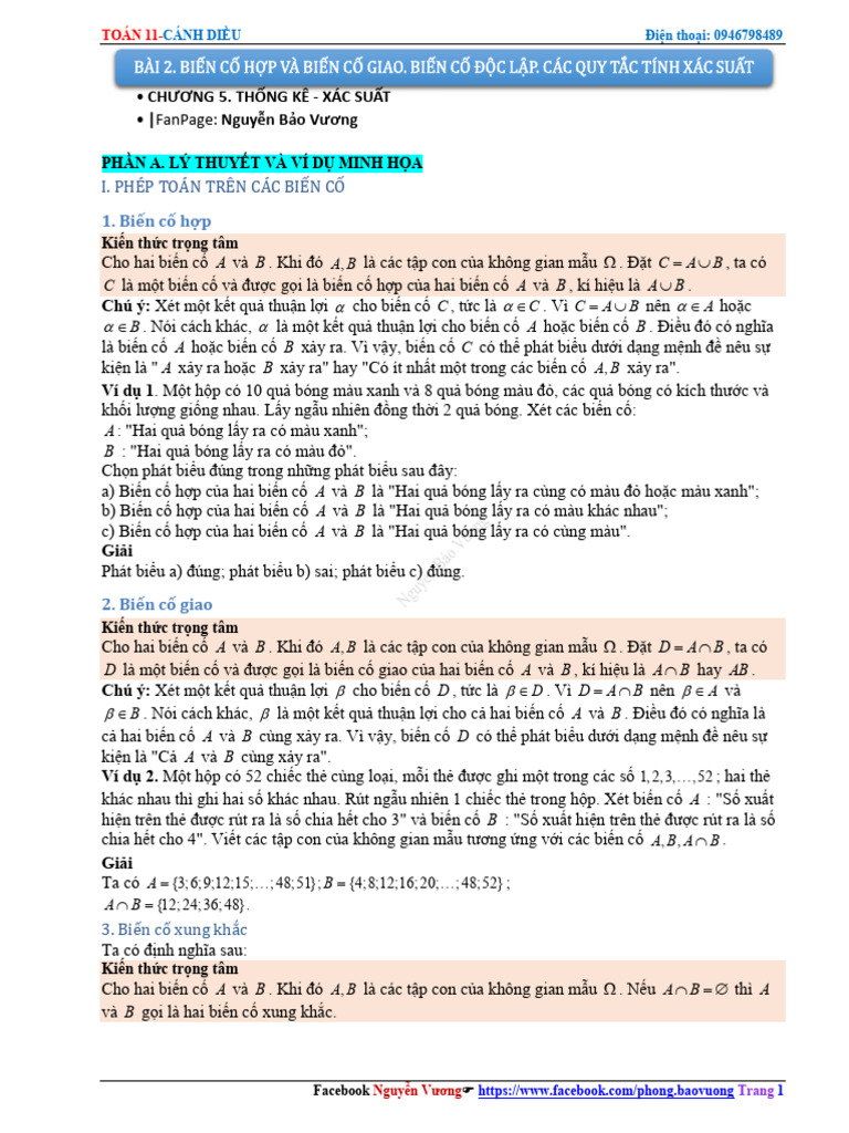 Bai-2-Bien Co Hop, Giao, Doc Lap. Cac Quy Tac Tinh Xac Suat - CH - TL | PDF