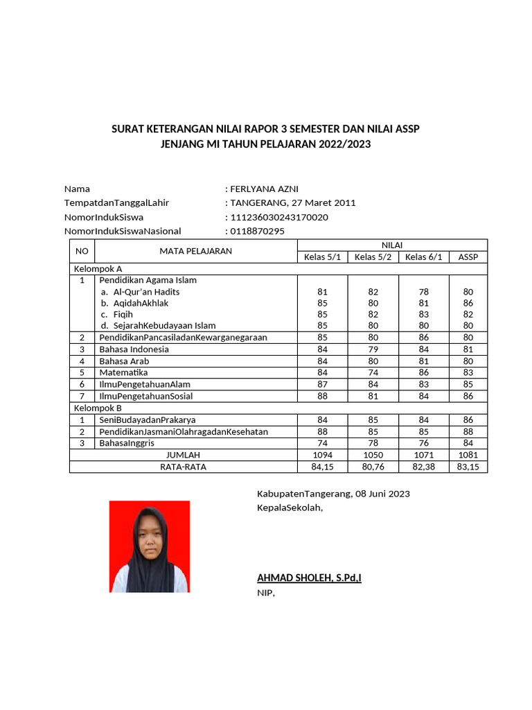 Surat Keterangan Nilai Rapor 3 Semester Dan Nilai Assp | PDF