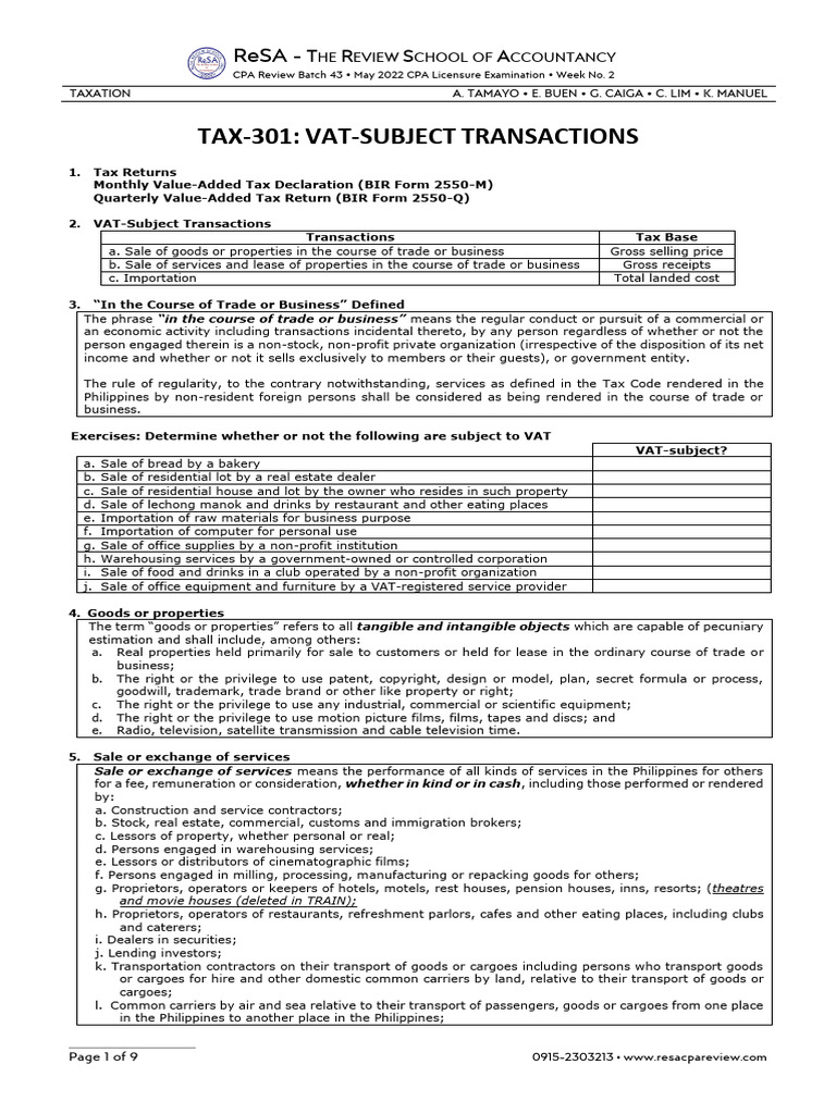 TAX 301 (VAT Subject Transactions) | PDF