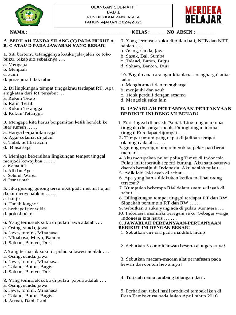 Uh 1 Tema 1 Subtema 1 Kelas 3SDN Tjsekar 5 2023 - 2024 | PDF
