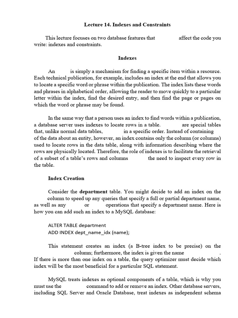 Lecture 14 Indexes And Constraints Msteams Pdf Database Index