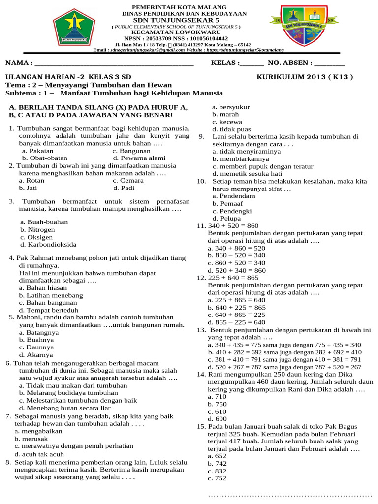 Uh 1 Tema 2 Subtema 1 Kelas 3sdn Tjsekar 5 2023 - 2024 | PDF