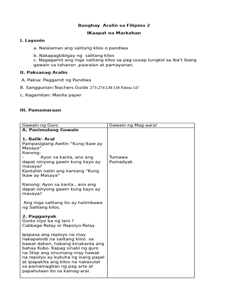 Banghay Aralin Sa Filipino 2 | PDF