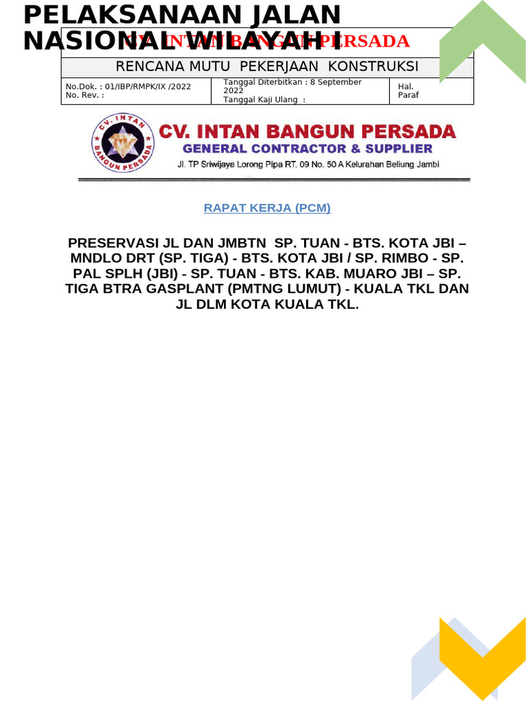 Cv. Intan Bangun Persada: Rencana Mutu Pekerjaan Konstruksi | PDF