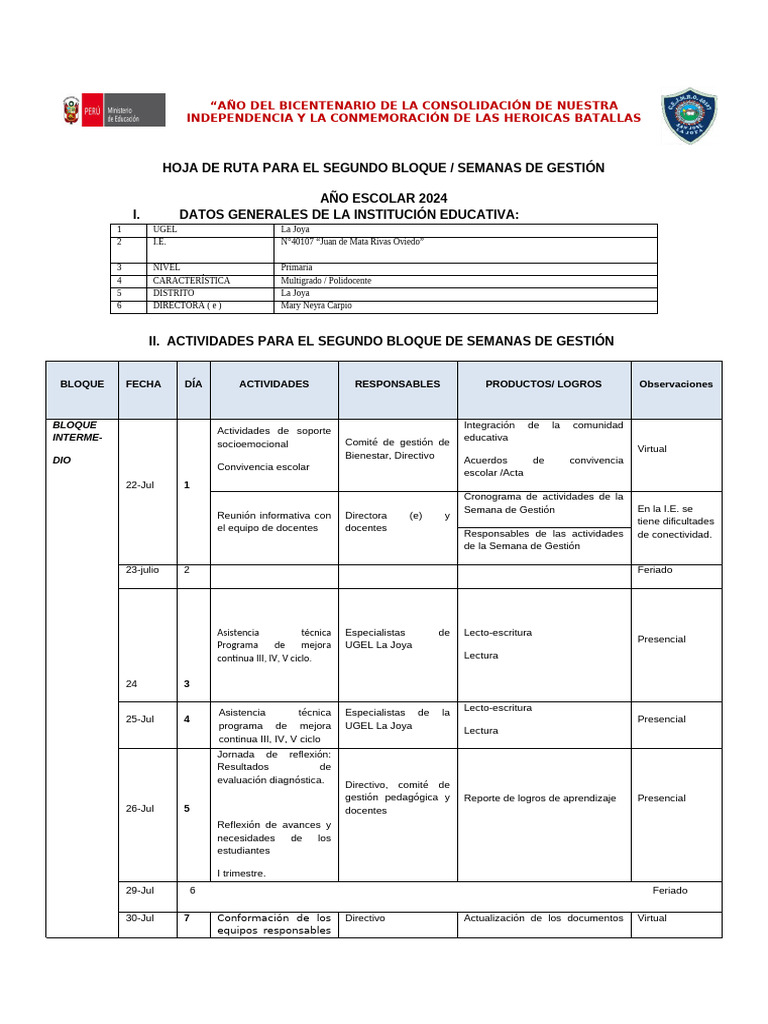 HOJA DE RUTA PARA EL SEGUNDO BLOQUE Semanas de Gestión | PDF