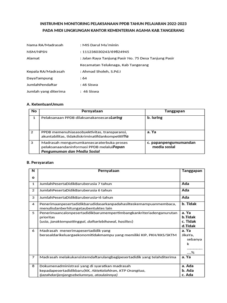 Instrumen Monitoring PPDB Tahun Pelajaran 2022-2023 | PDF
