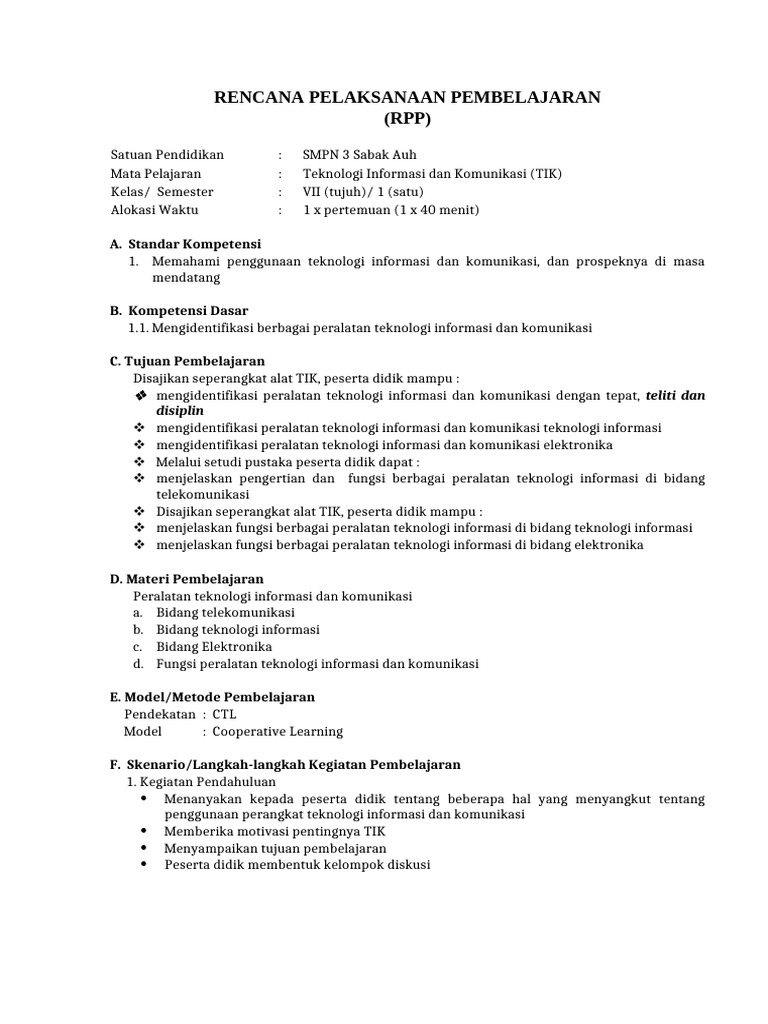 RPP Tik Kelas 7 | PDF