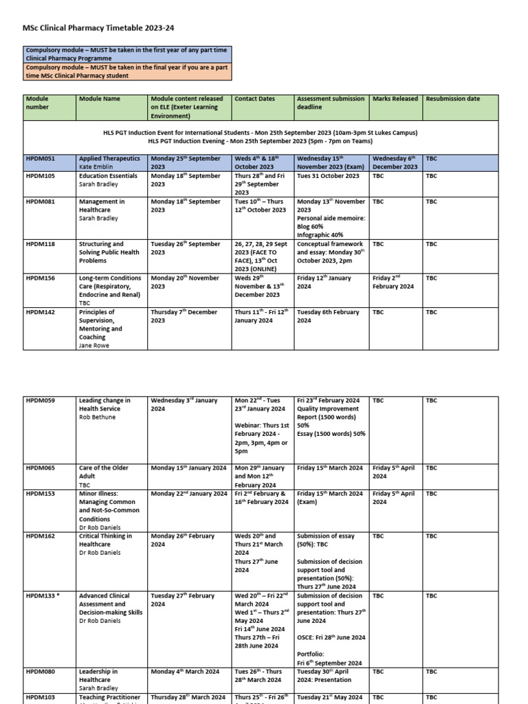 23-24 Clinical Pharmacy Timetable Revised FINAL | PDF