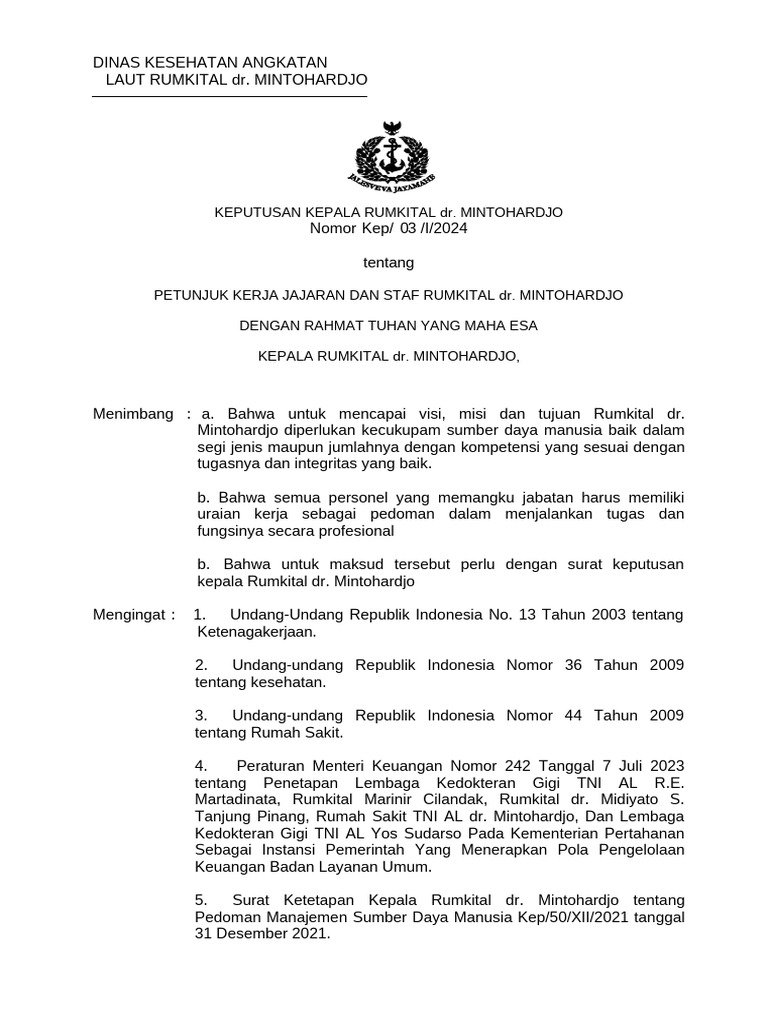 Petunjuk Kerja Rumkital Dr. Mintohardjo | PDF