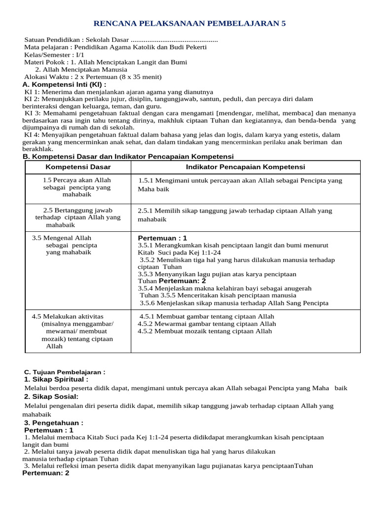 RPP KD 5 Katolik 1 SD | PDF