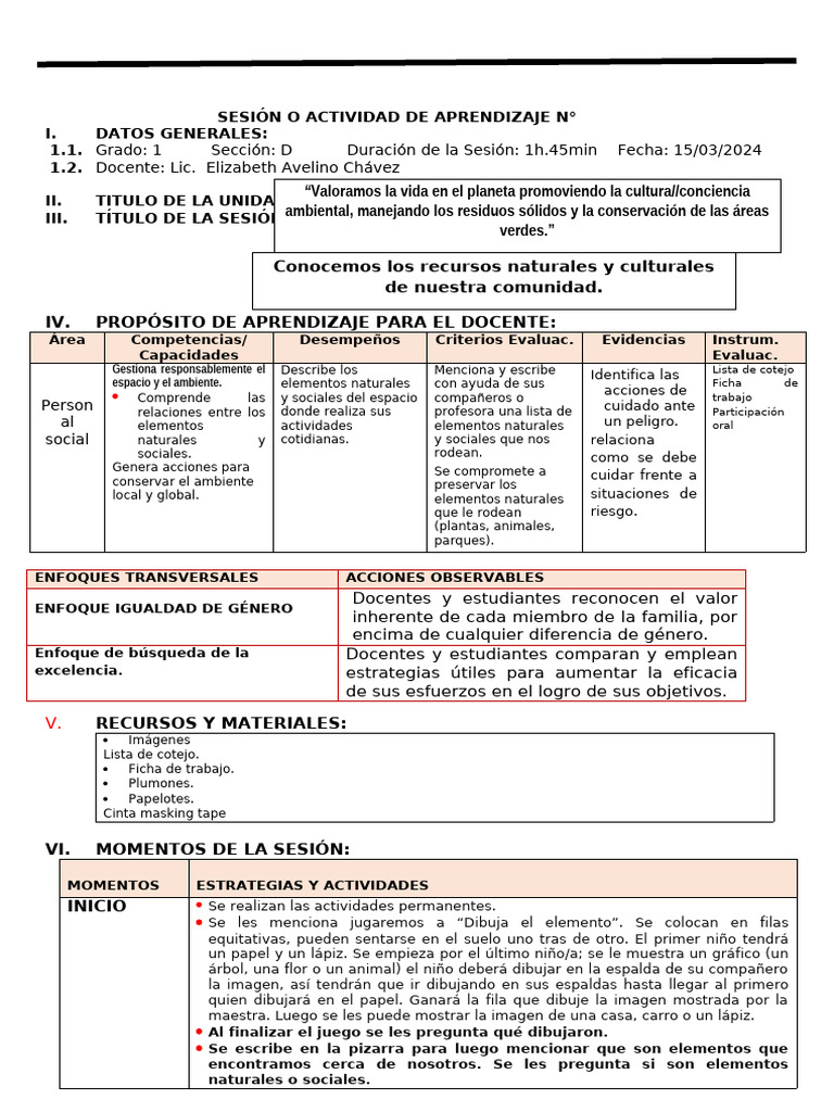 Sesion de Aprendizaje PS Recursos Naturales y Sociales | PDF