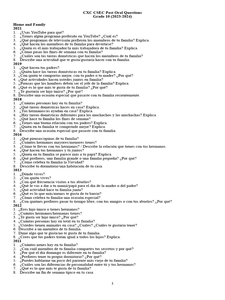 Grades 10 - 11 CXC CSEC Oral Conversation Questions 2023-2024 | PDF