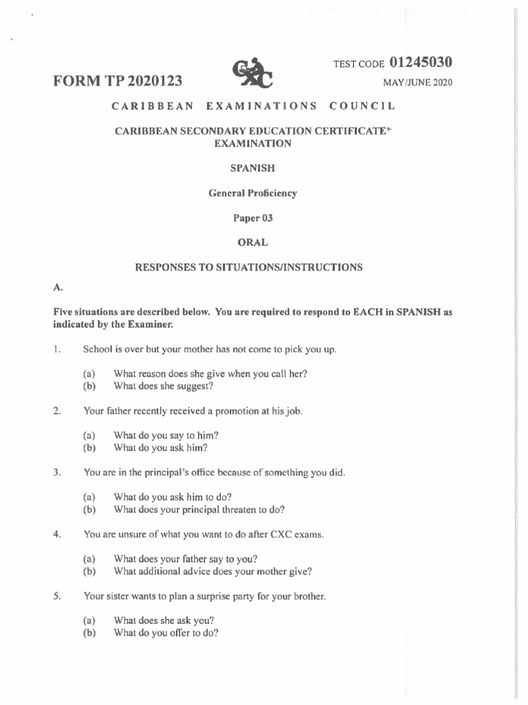 CSEC Spanish Oral 2020 | PDF