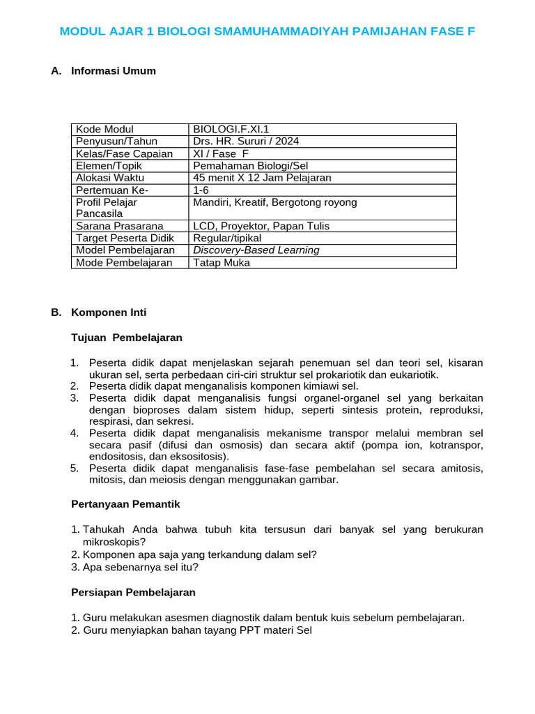 Modul Ajar Biologi Sma Kelas Xi Bab 1 | PDF