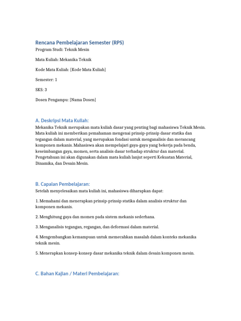 RPS Mekanika Teknik Teknik Mesin Semester 1 | PDF