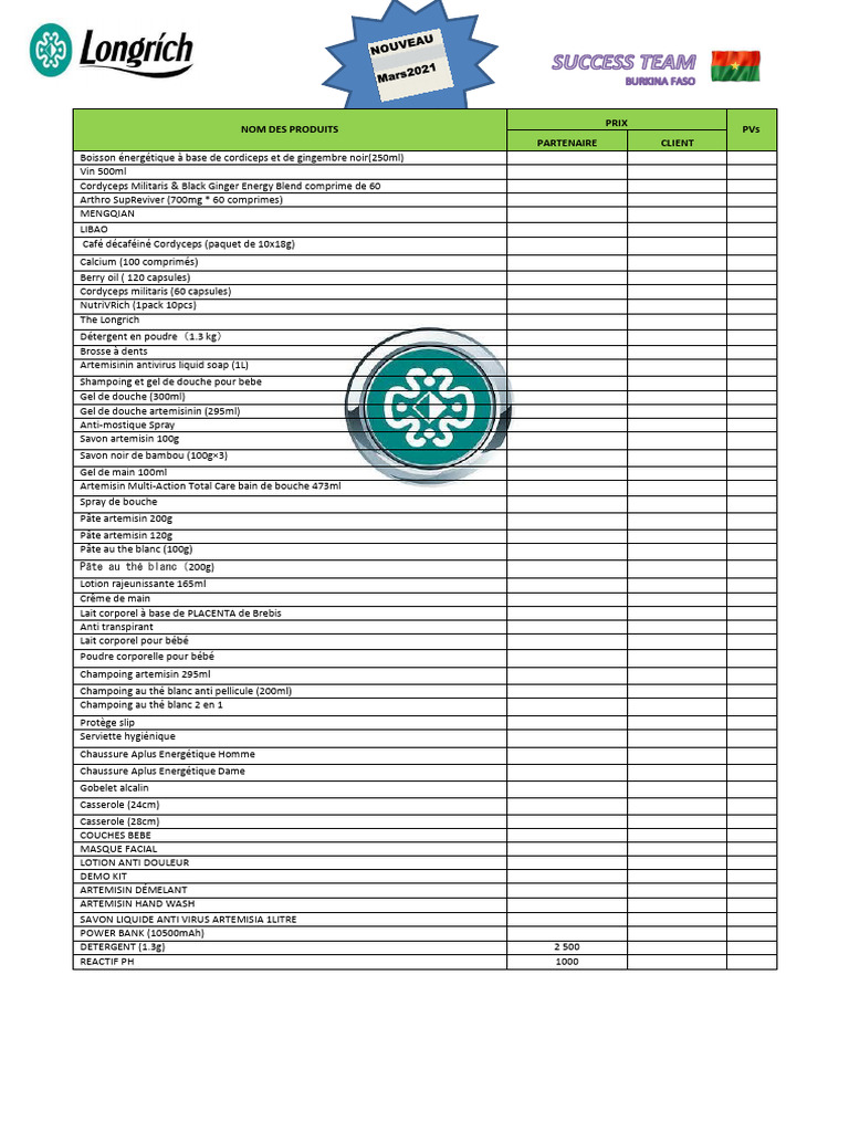 Liste de Produits LONGRICH SUCCESS TEAM | PDF