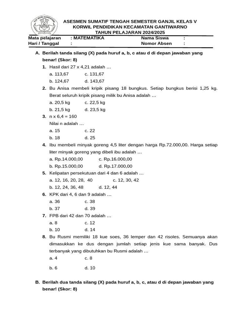 Soal Asts SMT 1 Kelas V - Matematika | PDF