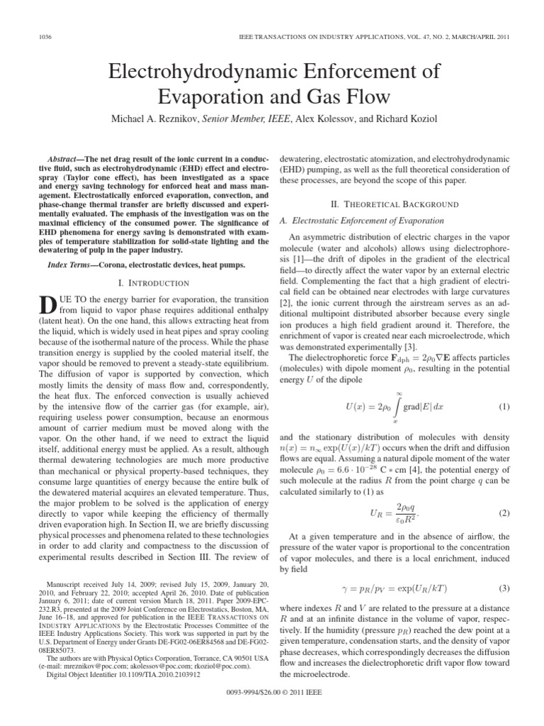 Electrohydrodynamic Enforcement of Evaporation and Gas Flow | PDF ...